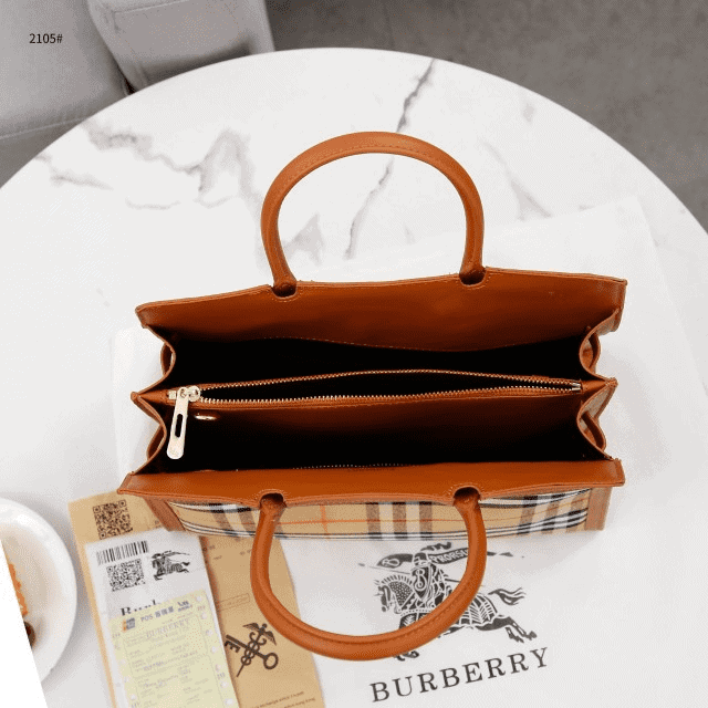 Tas Burberry Medium Leather and Vintage Check Two-Handle Title Bag 2105 ...