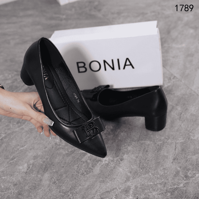 Sepatu Bonia Leather Logo Bow Block- Heel Pumps 1789 Semi Premium (Kode ...