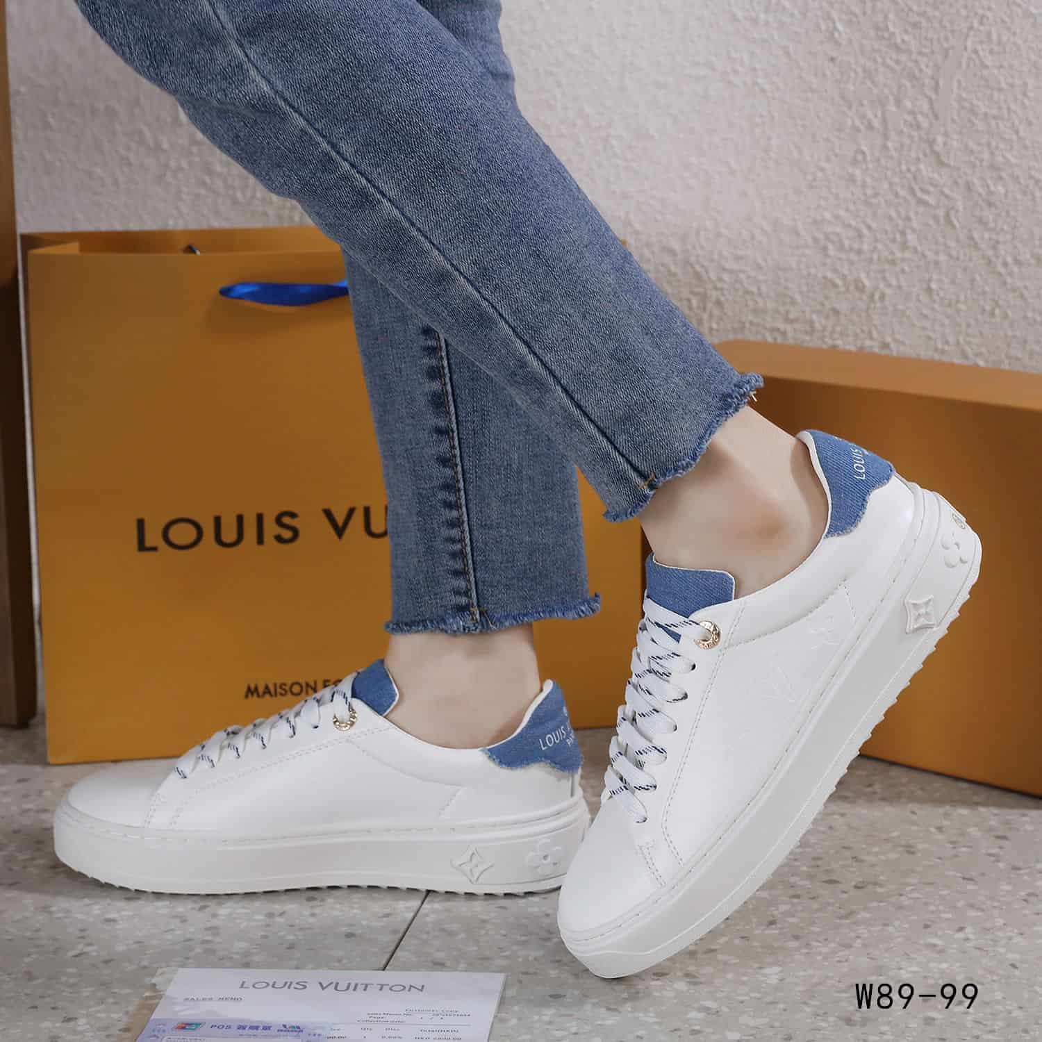 Sepatu Lv Louis Vuitton Time Out Denim Sneakers W89-99 Semi Platinum ...