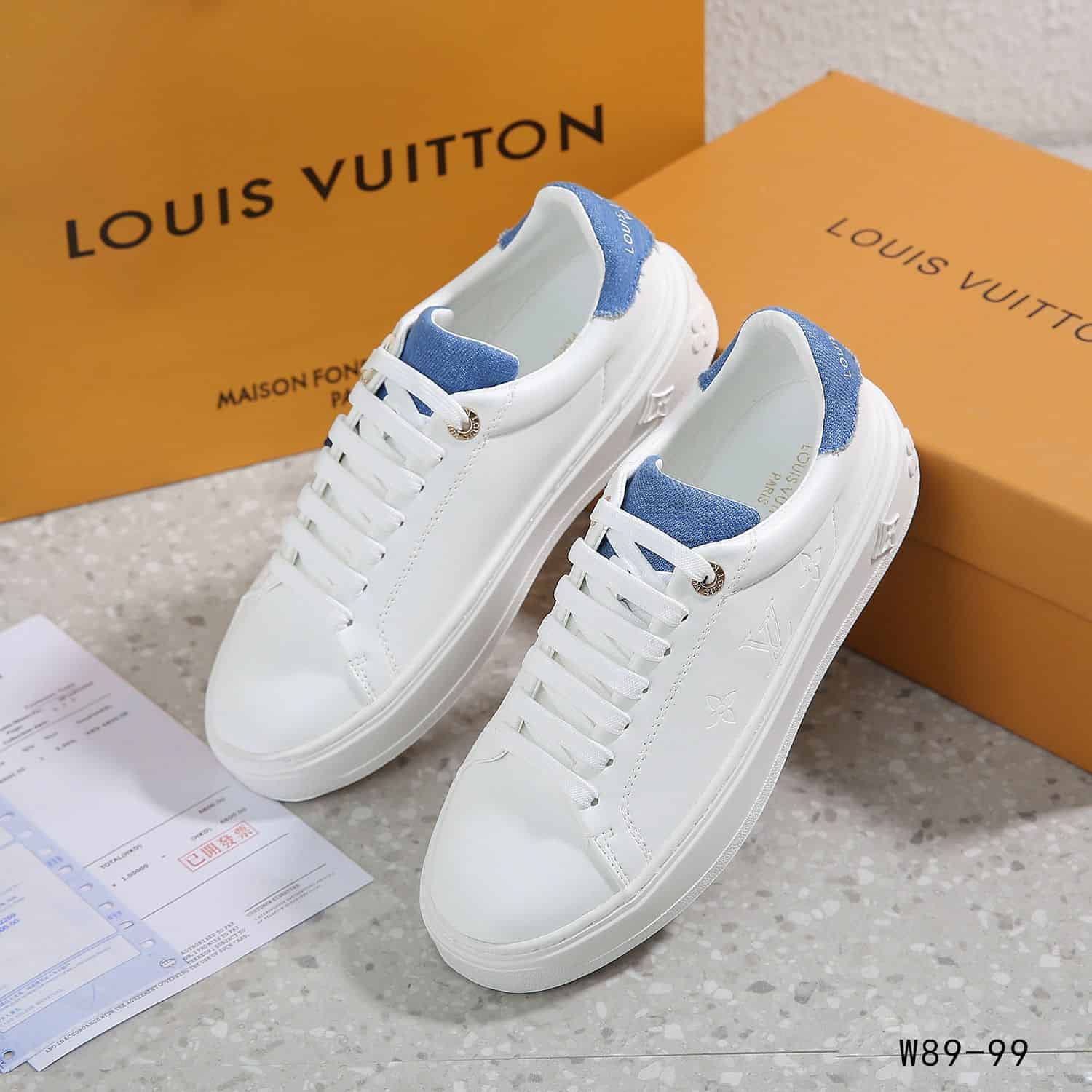 Sepatu Lv Louis Vuitton Time Out Denim Sneakers W89-99 Semi Platinum ...