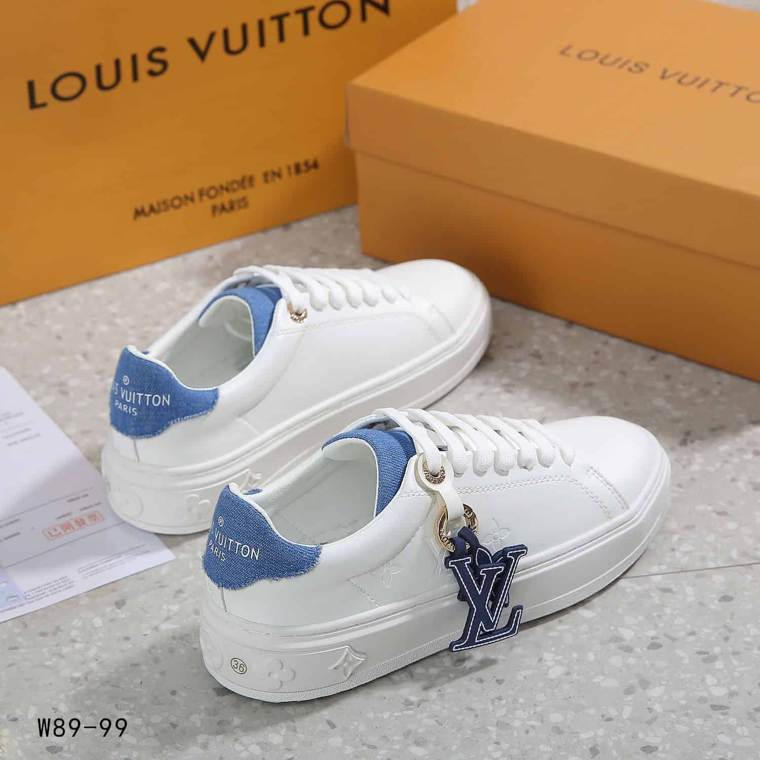 Sepatu Lv Louis Vuitton Time Out Denim Sneakers W89-99 Semi Platinum ...
