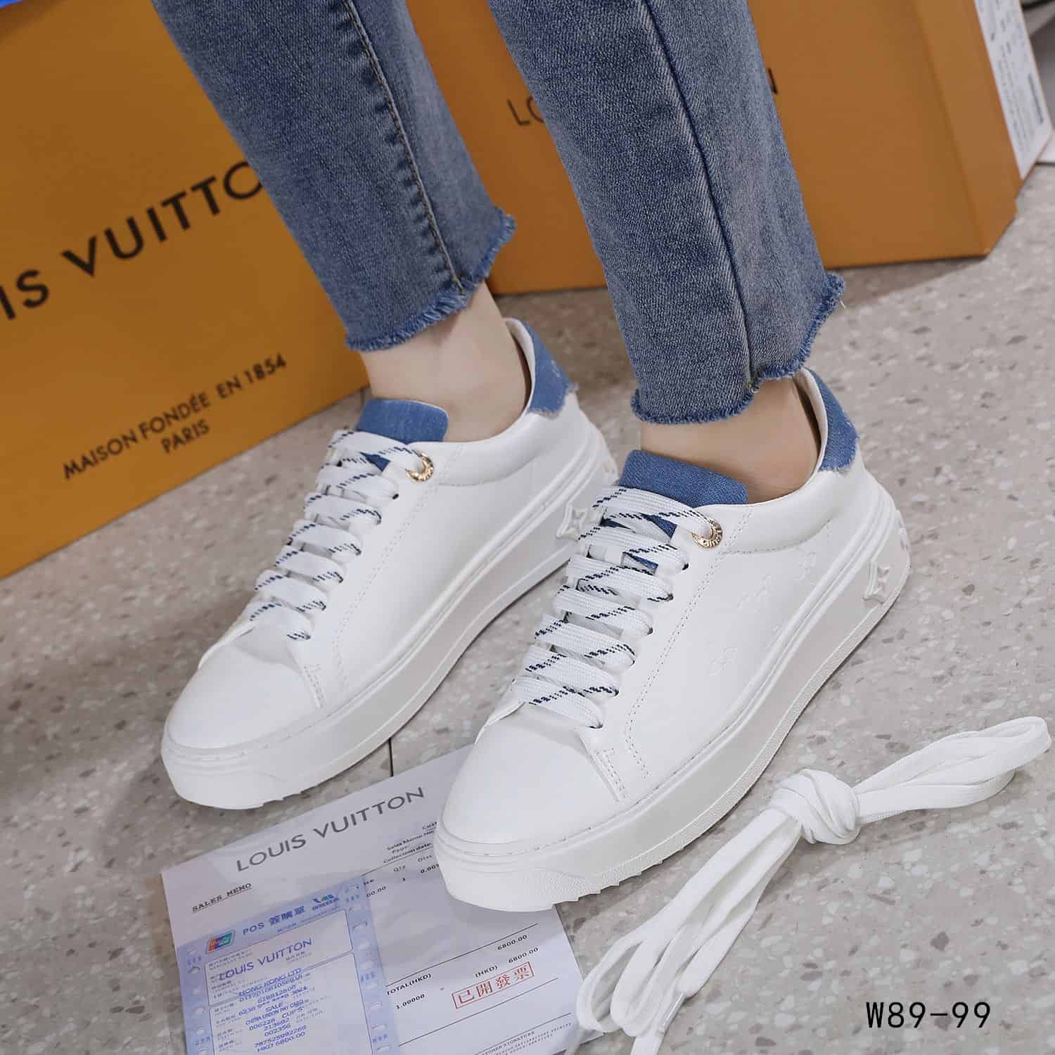 Sepatu Lv Louis Vuitton Time Out Denim Sneakers W89-99 Semi Platinum ...