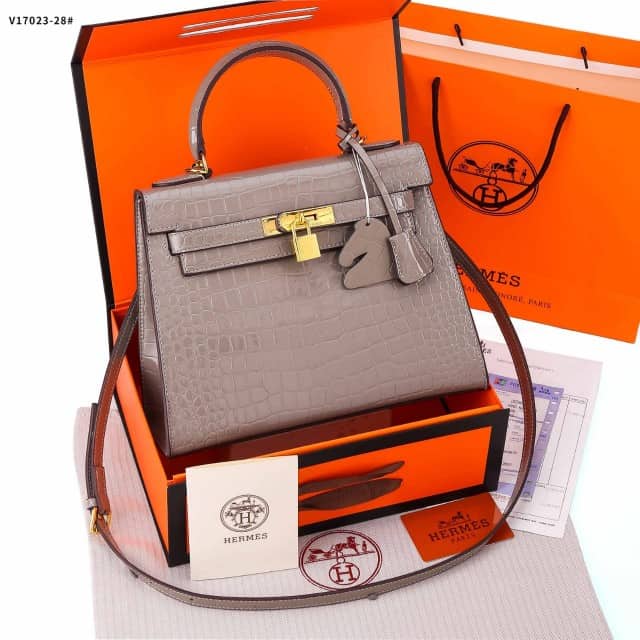 Tas Hermes Kelly 28 Crocodile Glossy Gold Hardware V17023-28 Semi ...