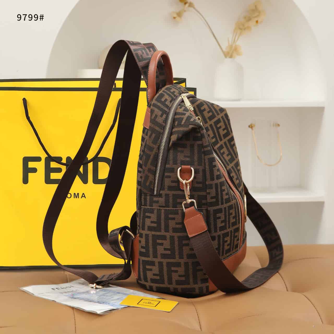 Tas Fendi 9799 Ff Monogram Logo Canvas Leather Backpack Shoulder Bag ...