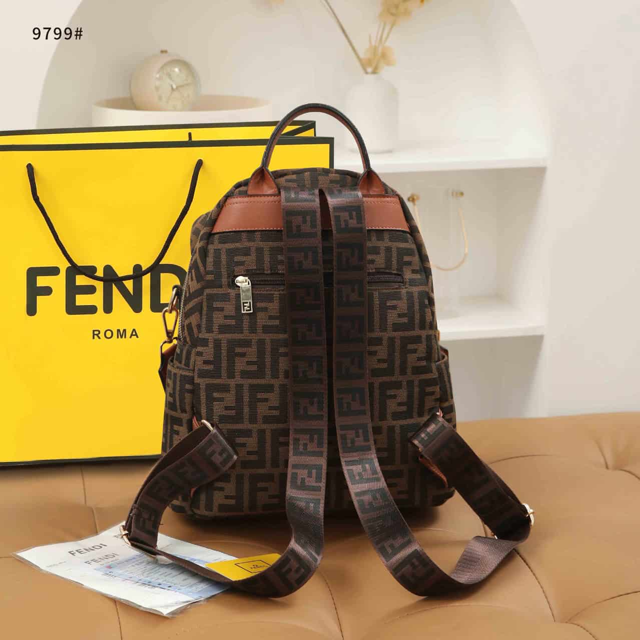 Tas Fendi 9799 Ff Monogram Logo Canvas Leather Backpack Shoulder Bag ...