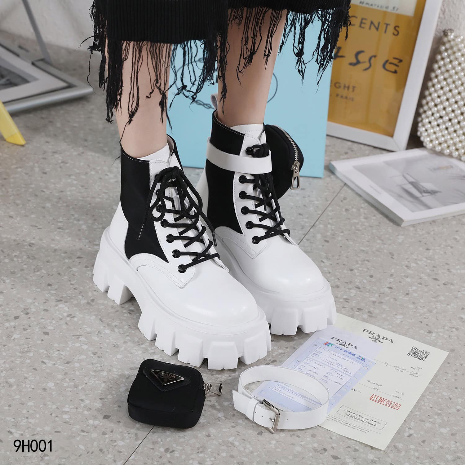 Sepatu Prada 9h001 white Monolith Leather & Nylon Boots With Pouch Semi ...