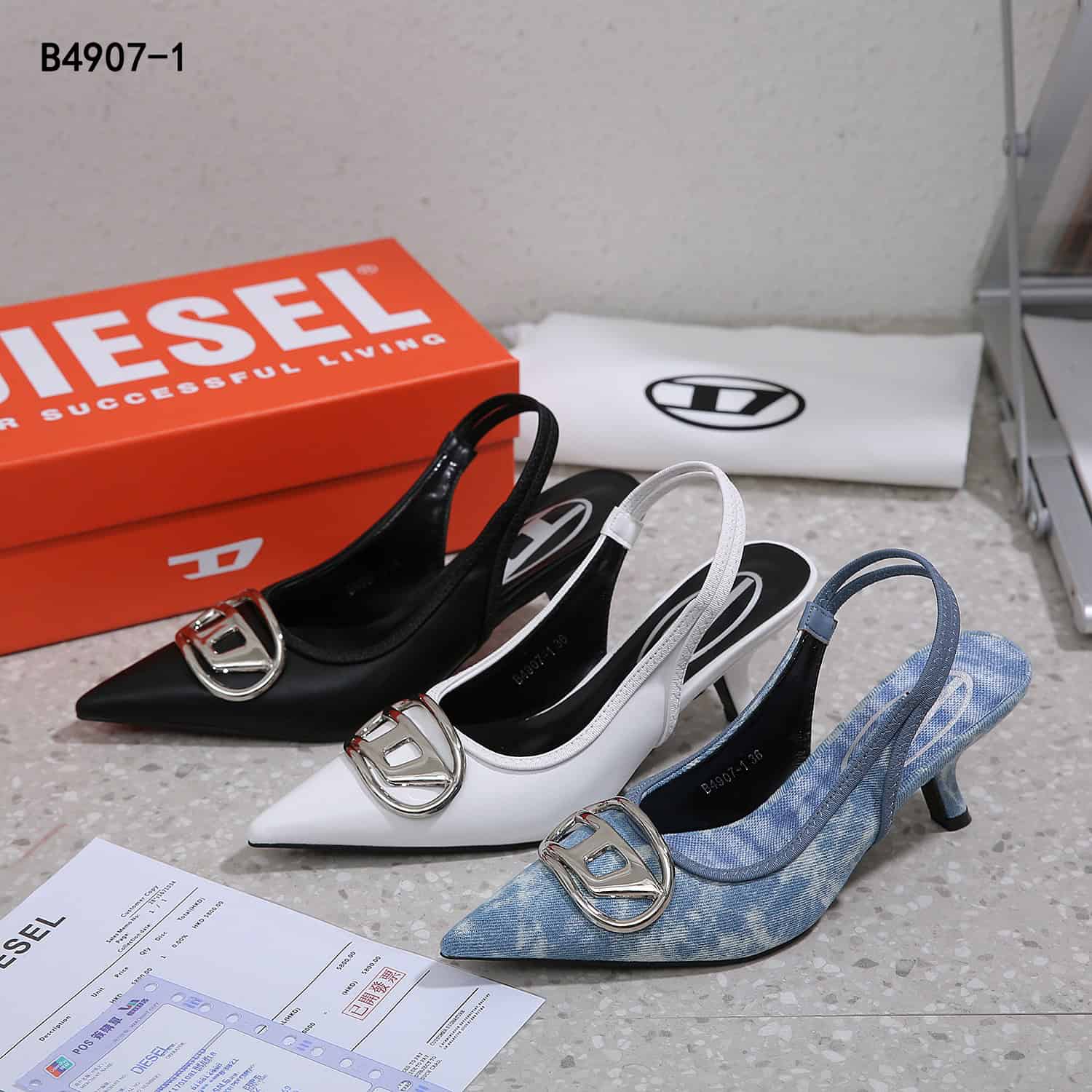 Sepatu Diesel B4907-1 D-Venus Logo Plauqe Slingback Pumps Semi Platinum ...
