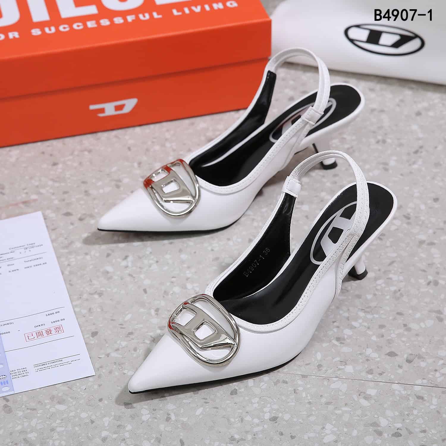 Sepatu Diesel B4907-1 D-Venus Logo Plauqe Slingback Pumps Semi Platinum ...
