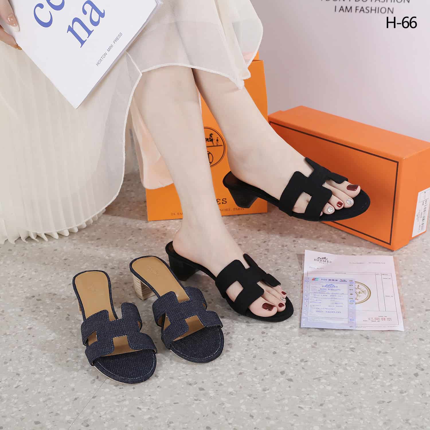 Sendal Hermes H-66 Oasis Denim Block Heel Sandlas Semi Platinum (Kode ...