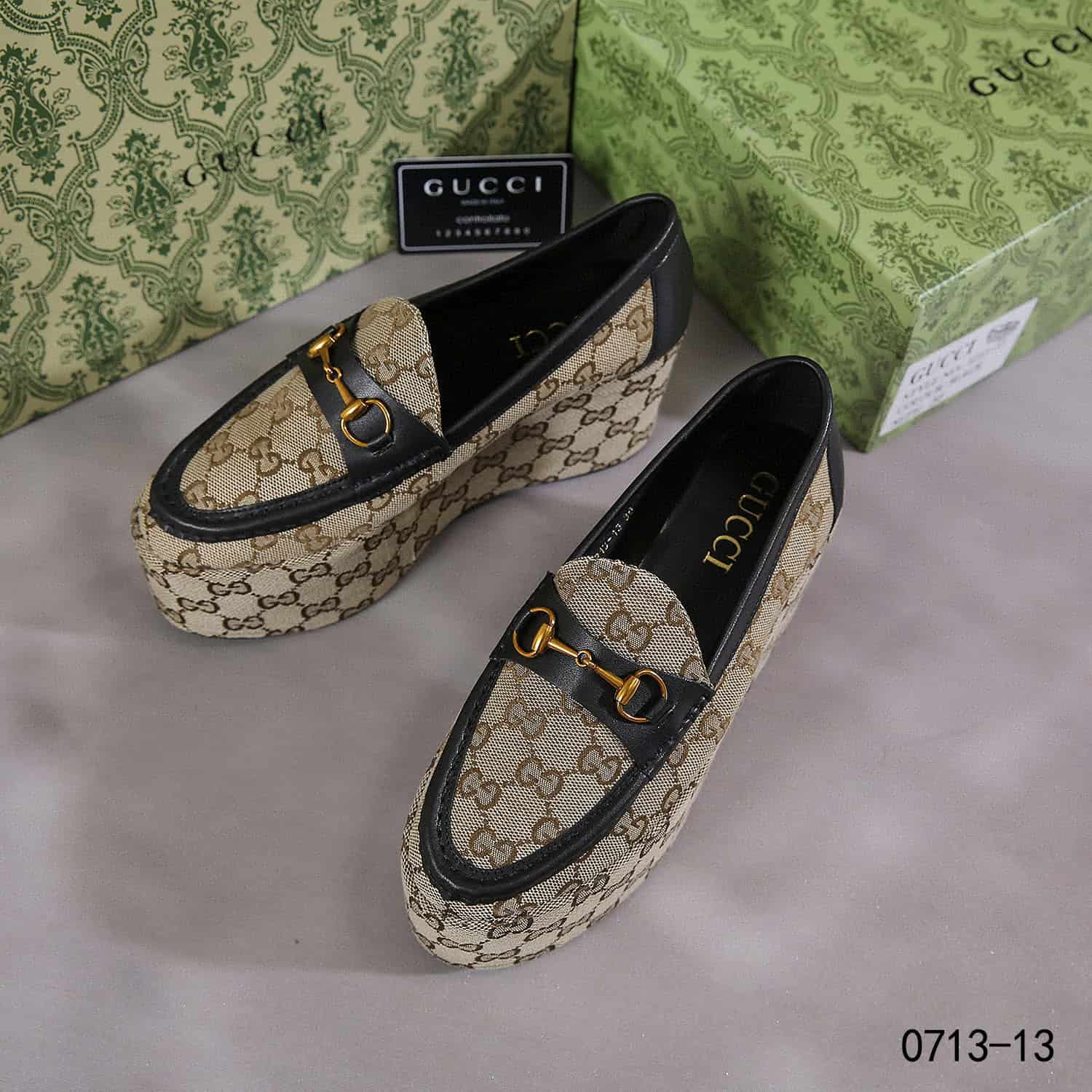 Sepatu Gucci 0713-13 Horsebit Gg Canvas Platform Loafers Semi Platinum ...