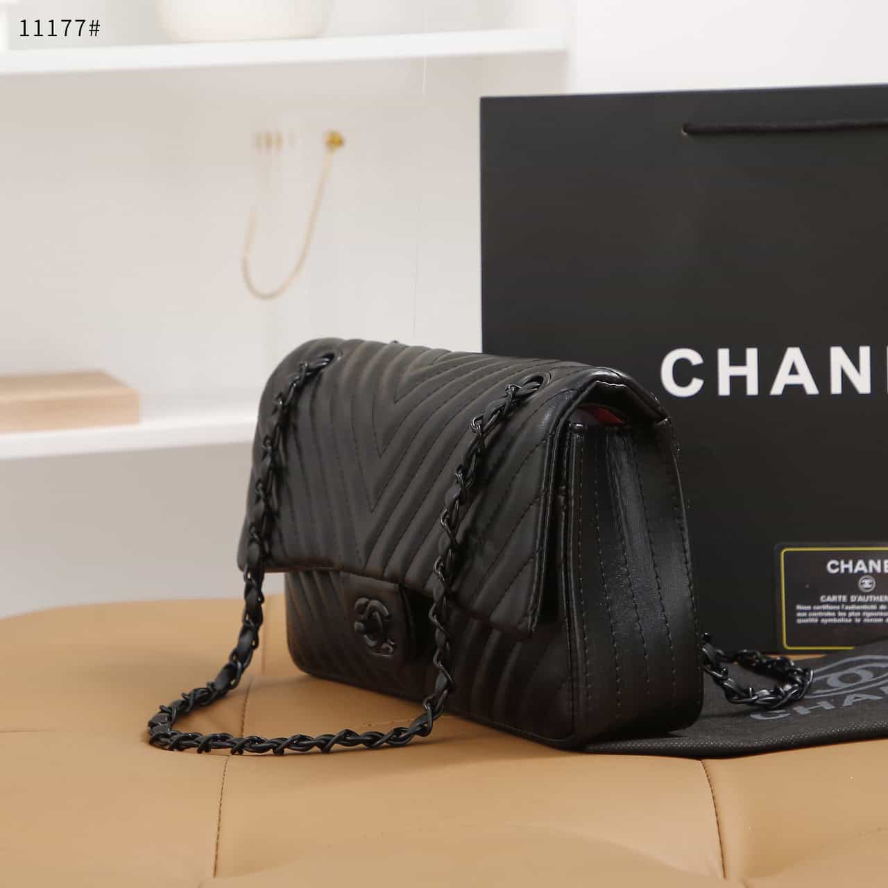 Tas Chanel 11177 Black Chevron Quilted Lambskin Leather Medium Classic ...