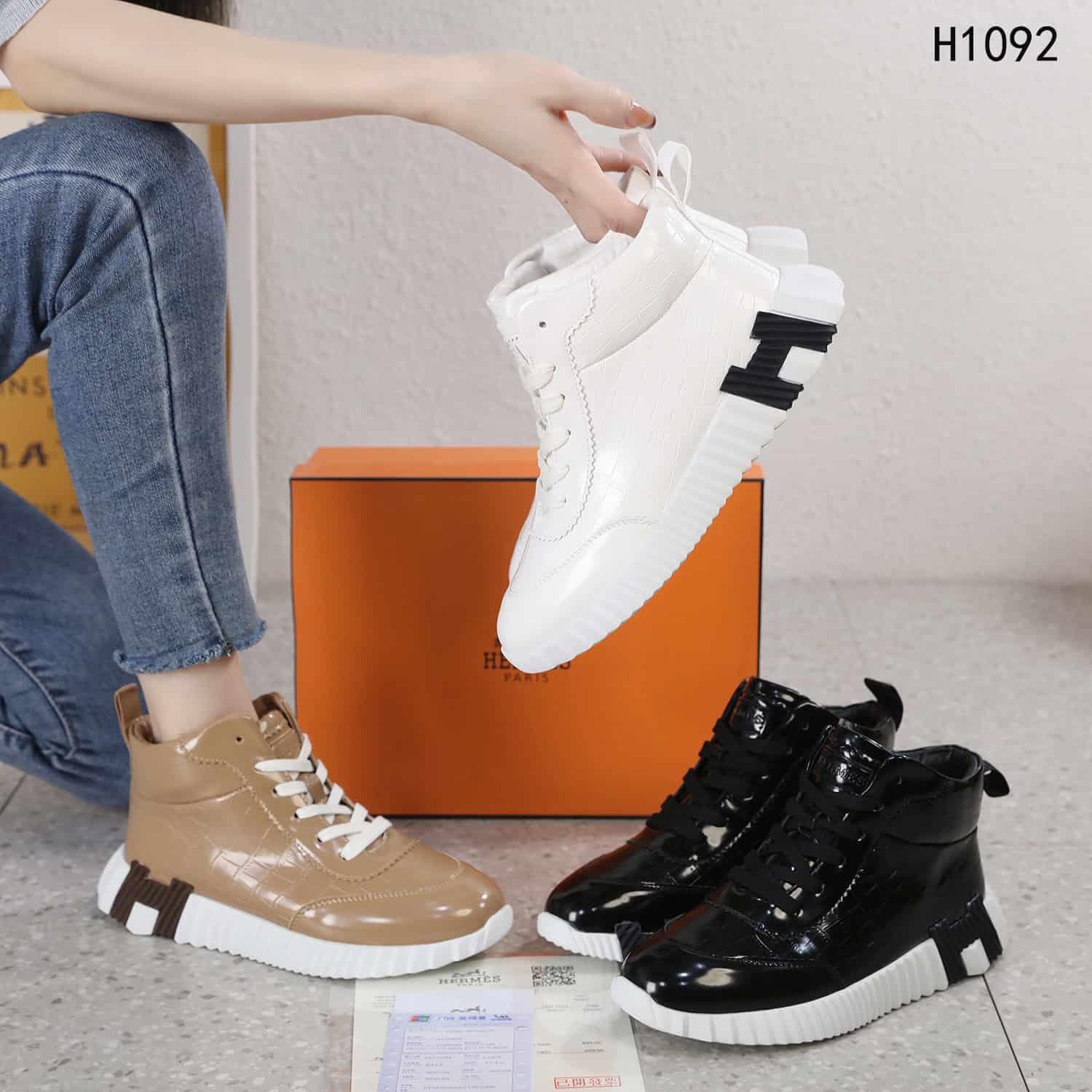 Sepatu Hermes H1092 Croco Leather Hip-Hop Sneaker Semi Platinum (Kode ...