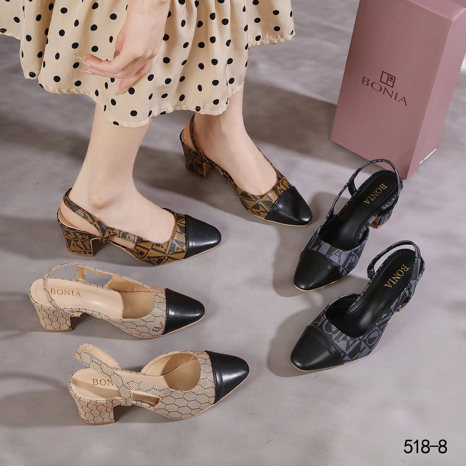 Sepatu Bonia 518-8 Monogram Toe Cap Block Heels Semi Premium (Kode ...