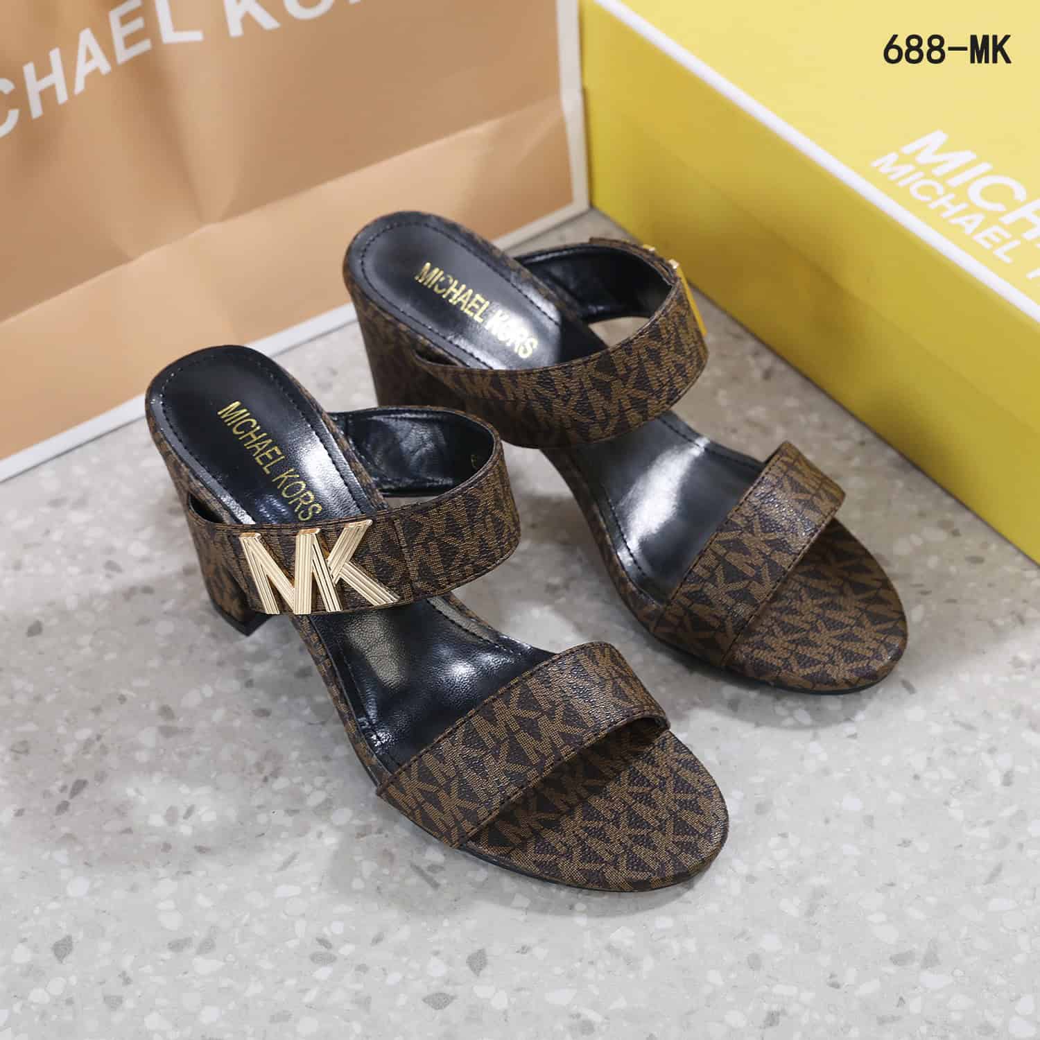 Sendal Michael Kors 688-MK Summer Block Heels Sandals MK Logo Semi ...