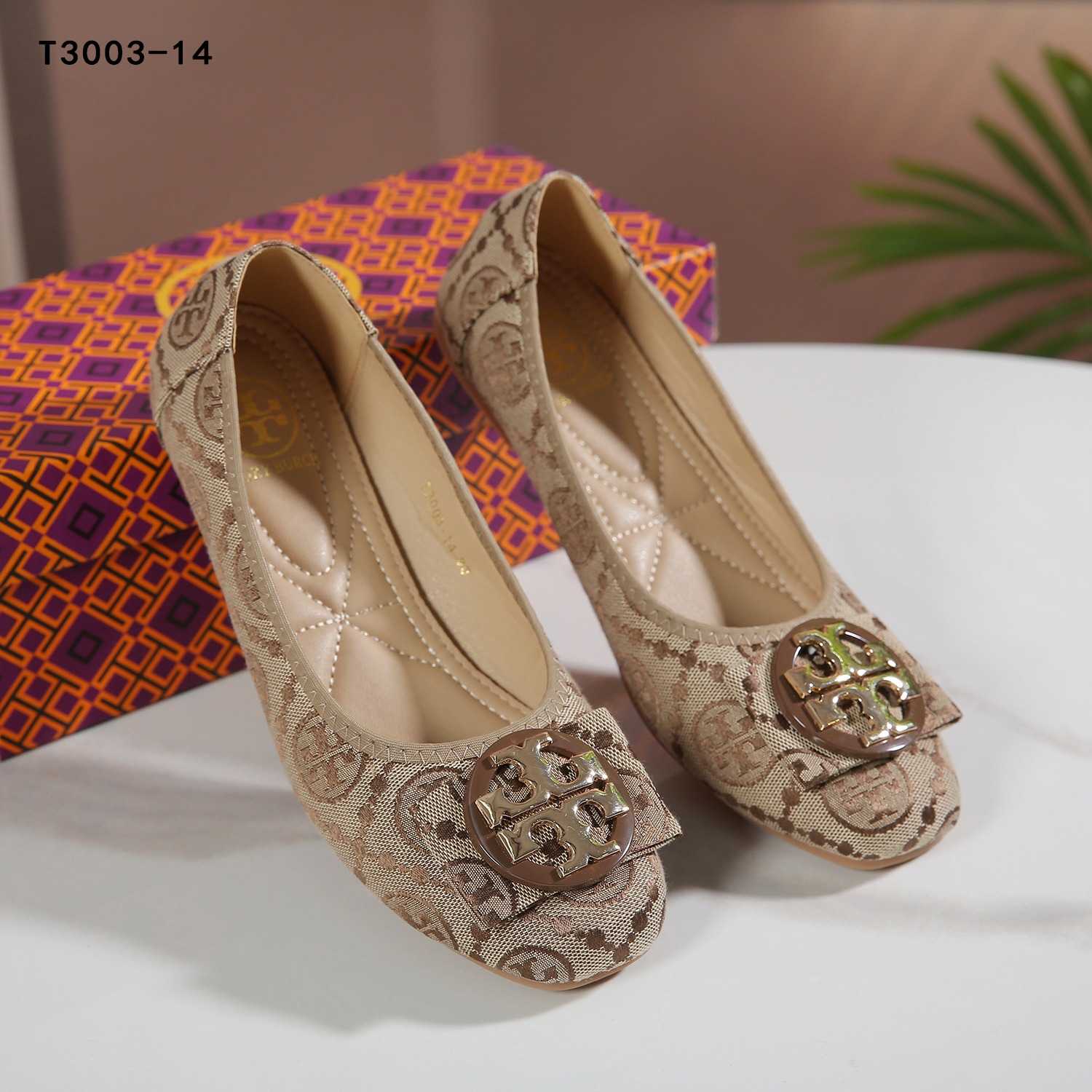 Sepatu Tory Burch T3003-14 T-Monogram Logo Bow Flat Heel Shoes Semi ...