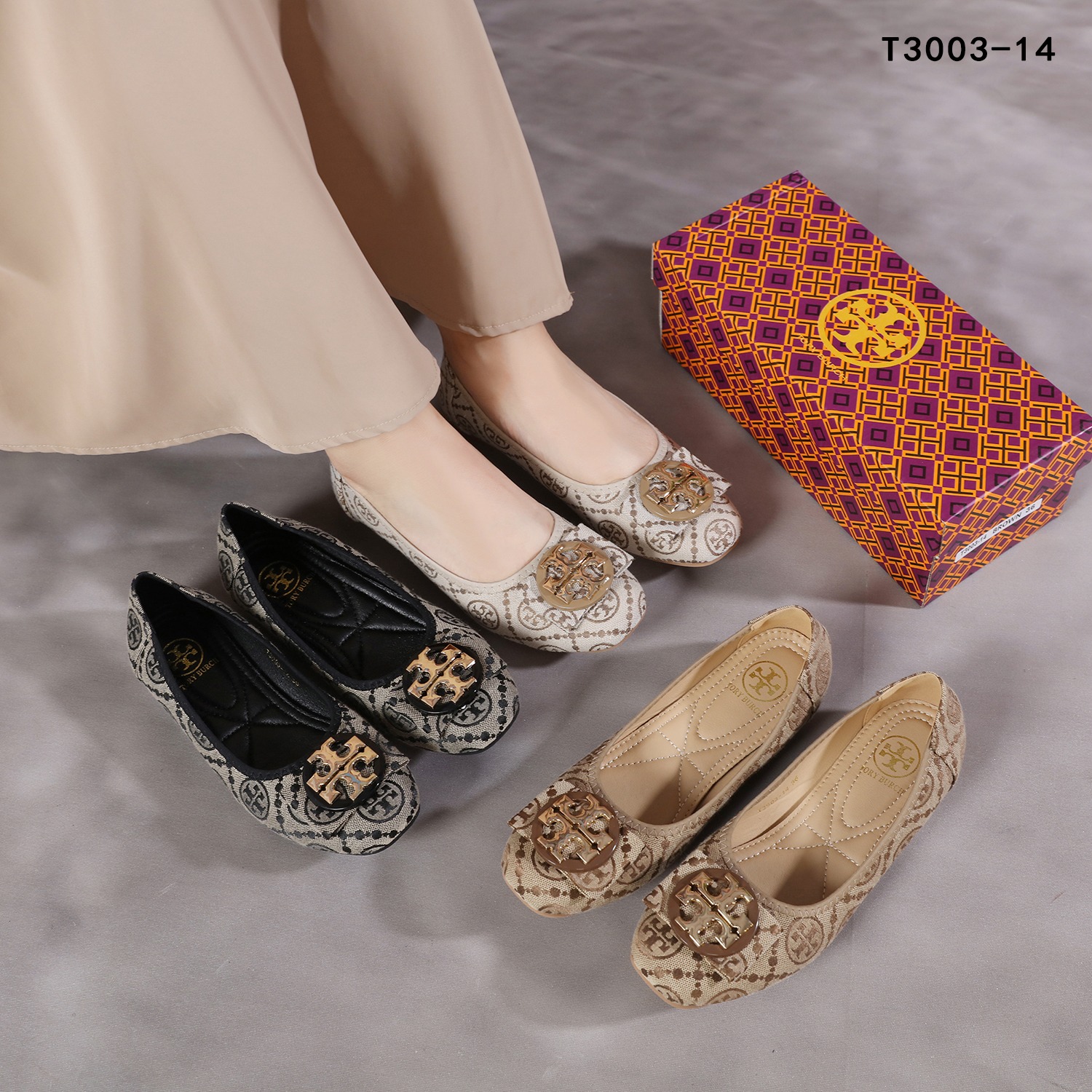 Sepatu Tory Burch T3003-14 T-Monogram Logo Bow Flat Heel Shoes Semi ...