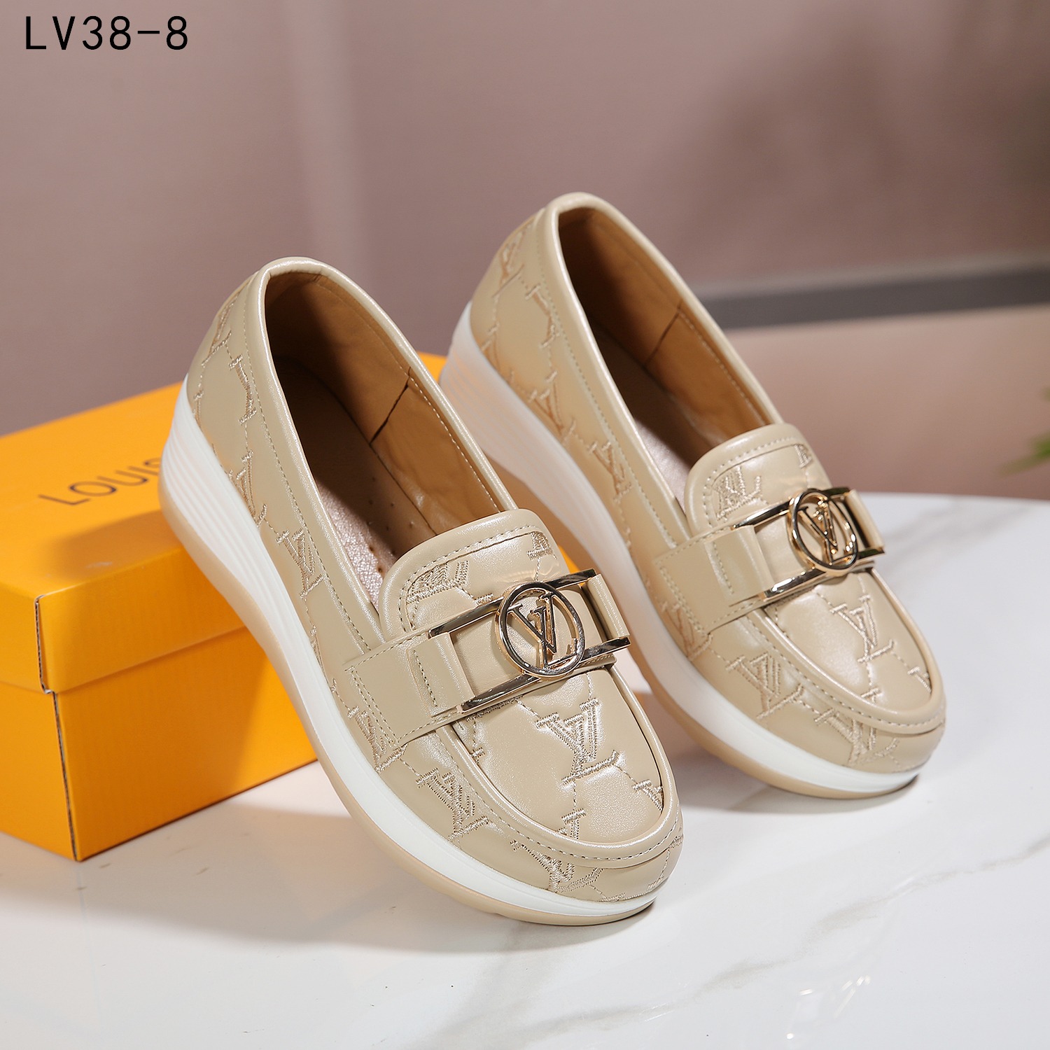 Sepatu Louis Vuitton LV38-8 Leather LV-Logo Wedges Shoes Semi Premium ...