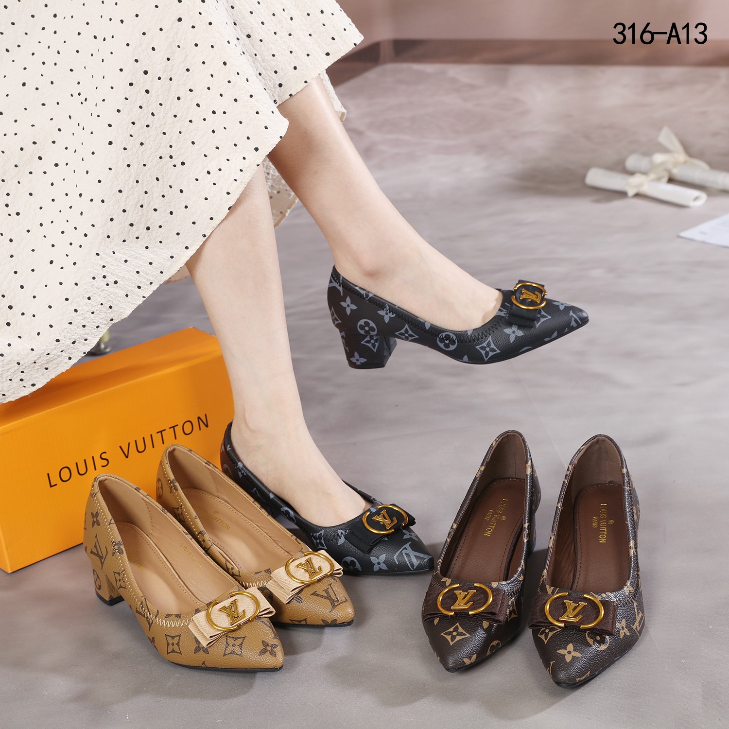 Sepatu Louis Vuitton 316-A13 LV-Logo With Bow Pumps Heels Semi Premium ...